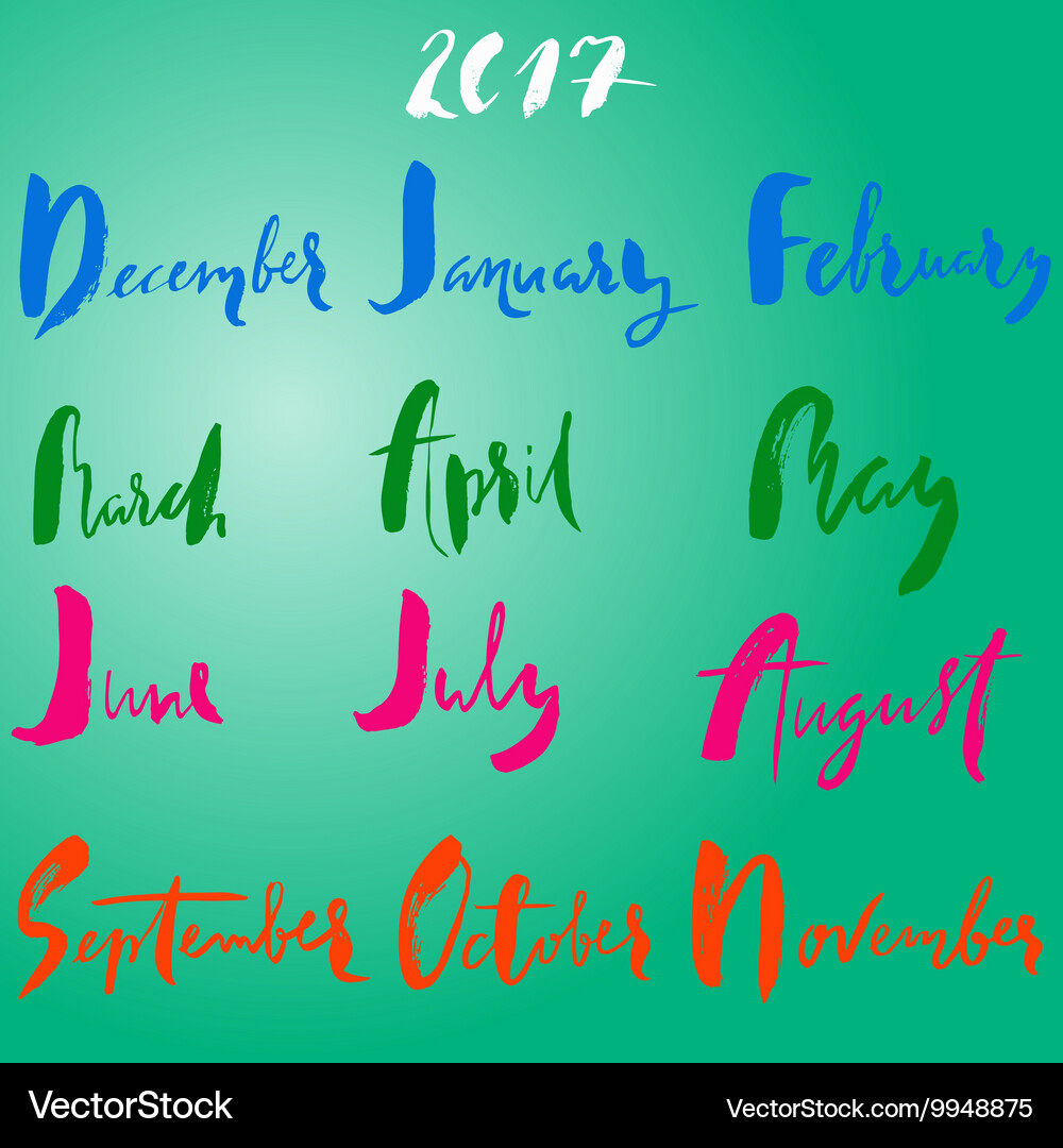 Months handwritten lettering colorful names Vector Image