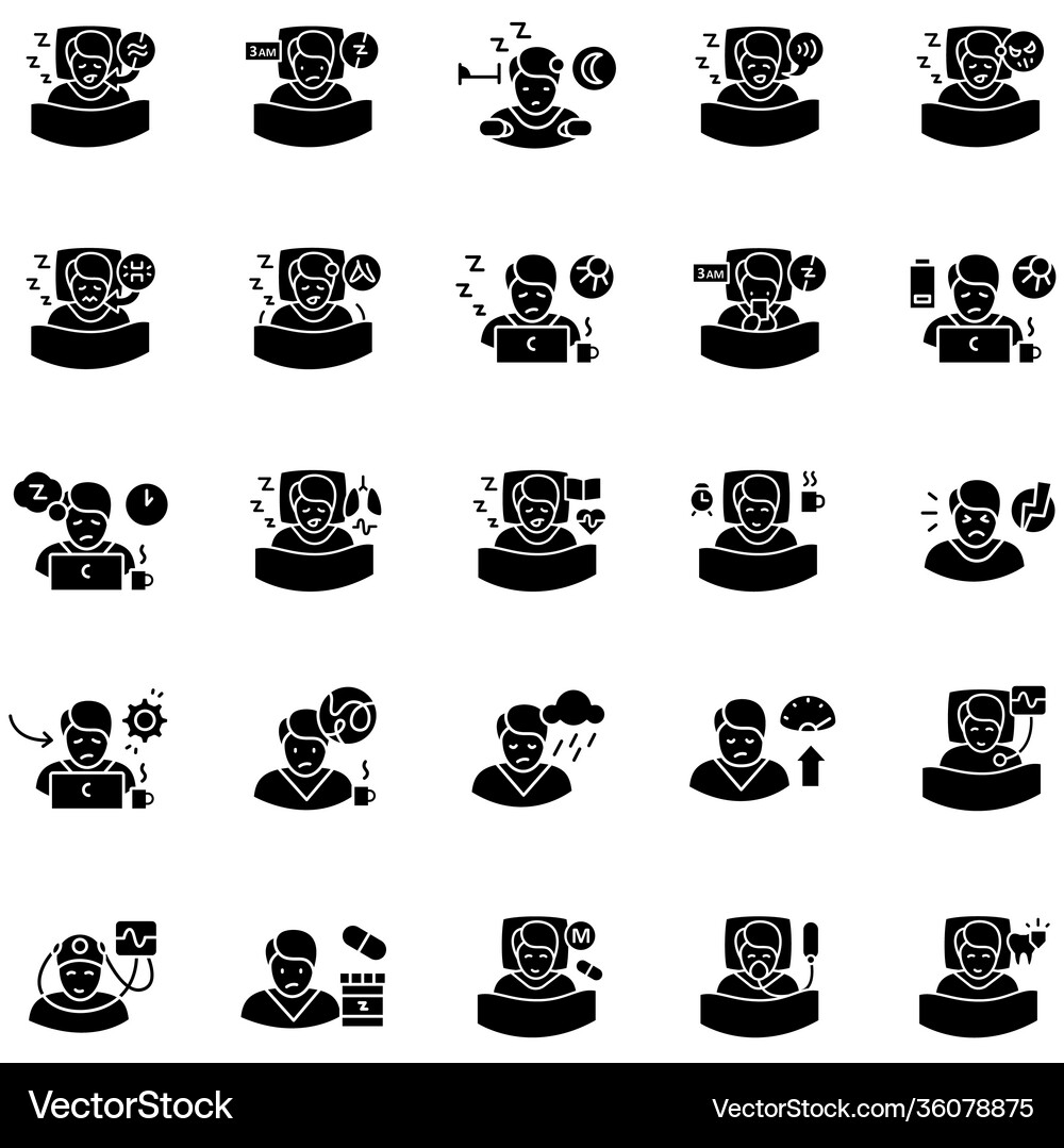 Sleep disorder glyph icons set Royalty Free Vector Image