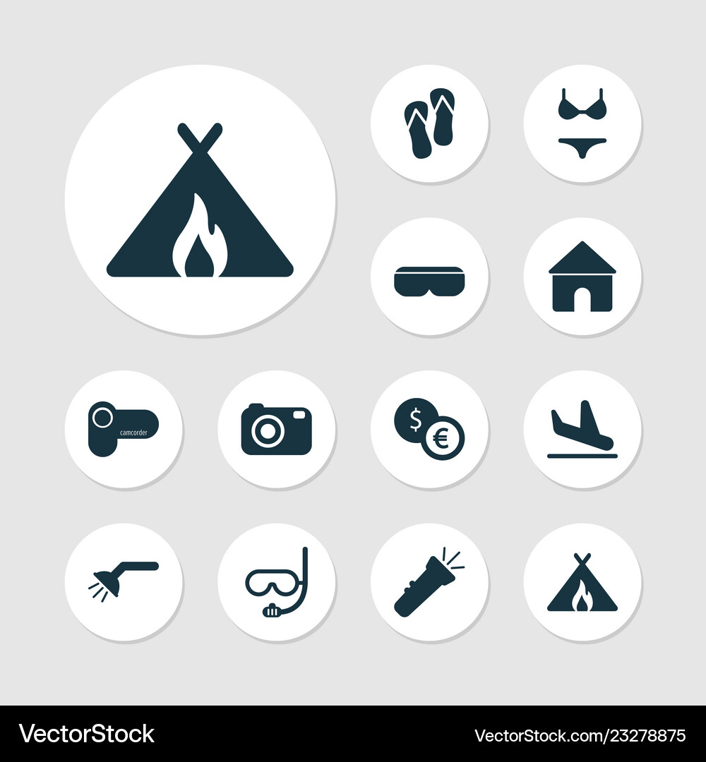 Tourism icons set with camera shower flashlight Vector Image