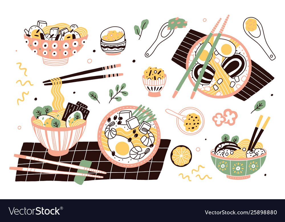 Bundle ramen in bowls and chopsticks set of Vector Image