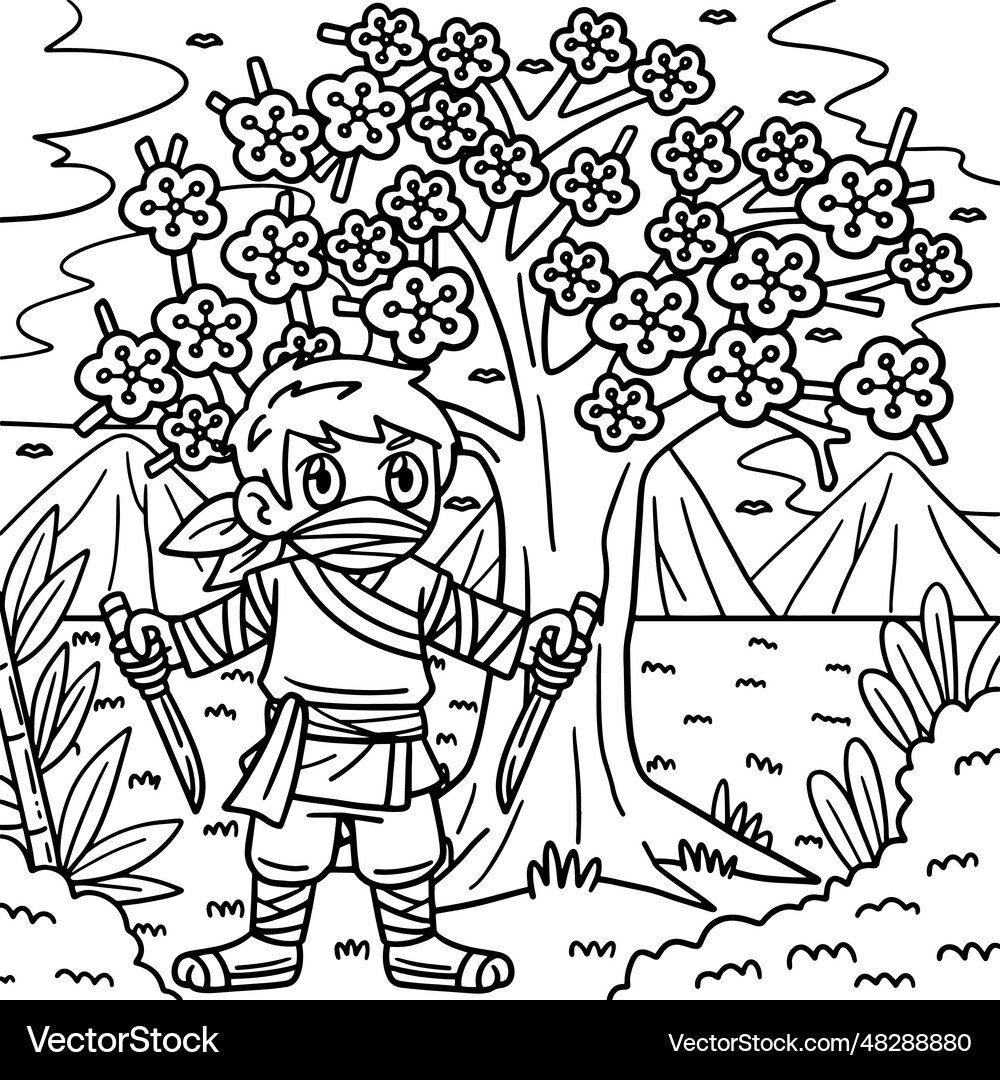 Ninja under sakura tree coloring page for kids Vector Image
