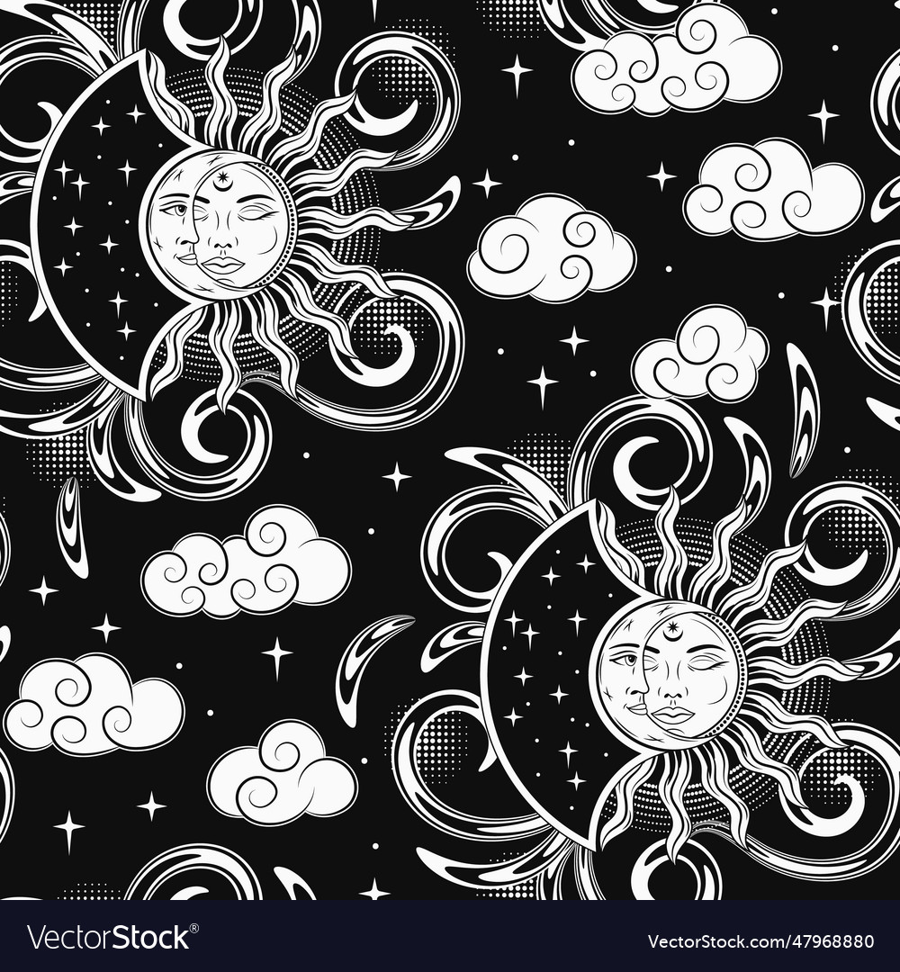 Pattern with eclipse sun crescent clouds stars Vector Image