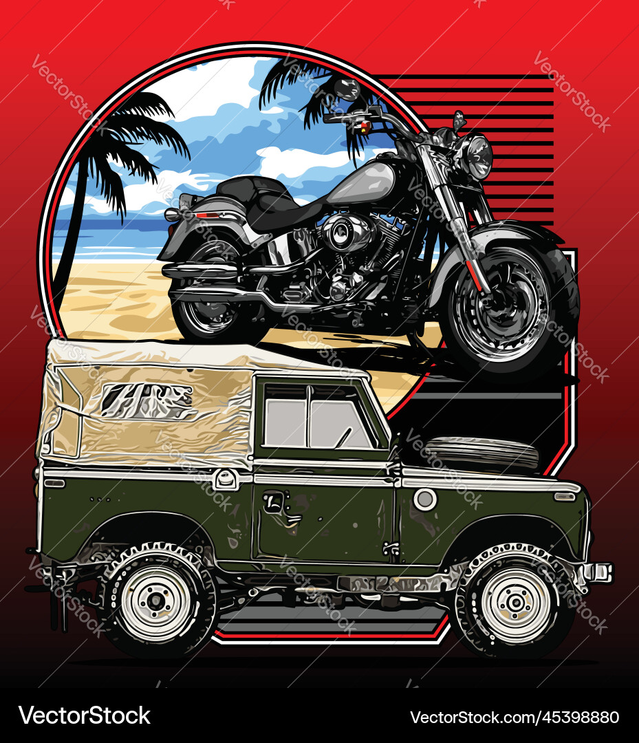 Retro car and motorcycle beach background Vector Image