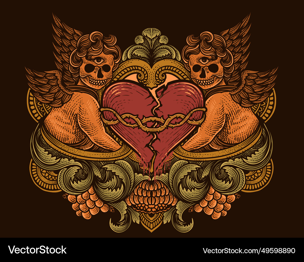 Hand drawn broken heart with engraving ornament Vector Image