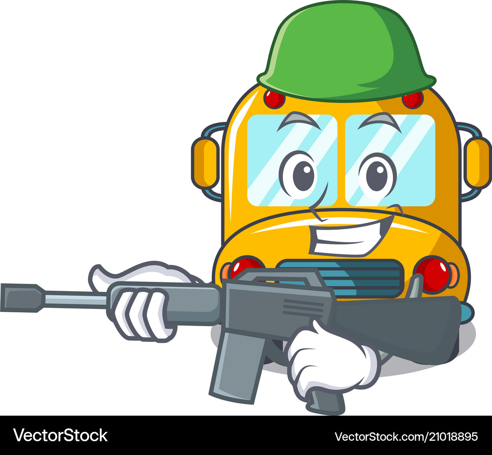 Army school bus character cartoon Royalty Free Vector Image
