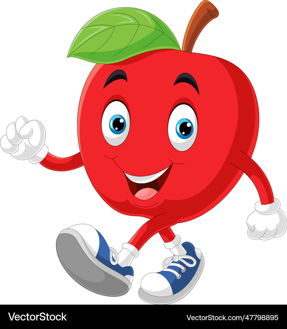 Cartoon cute red apple walking Royalty Free Vector Image