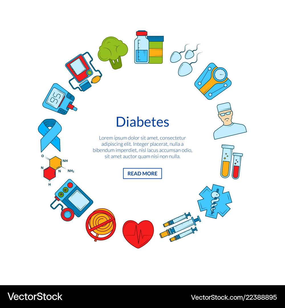 Colored diabetes icons in circle shape Royalty Free Vector