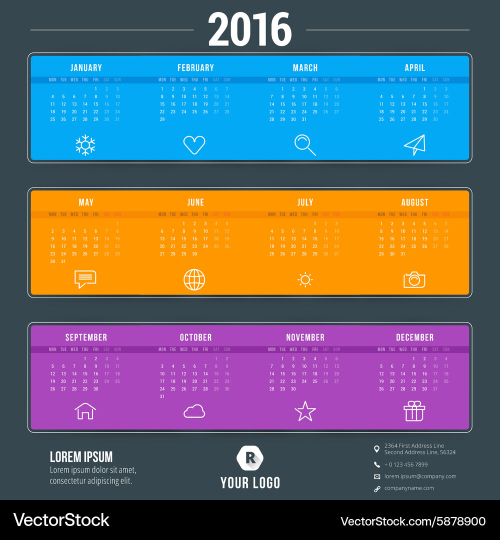 Calendar template 2016 week starts monday Vector Image