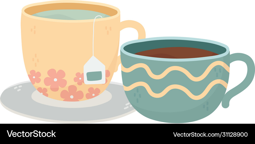 Coffee time cups tea teabag fresh beverage Vector Image