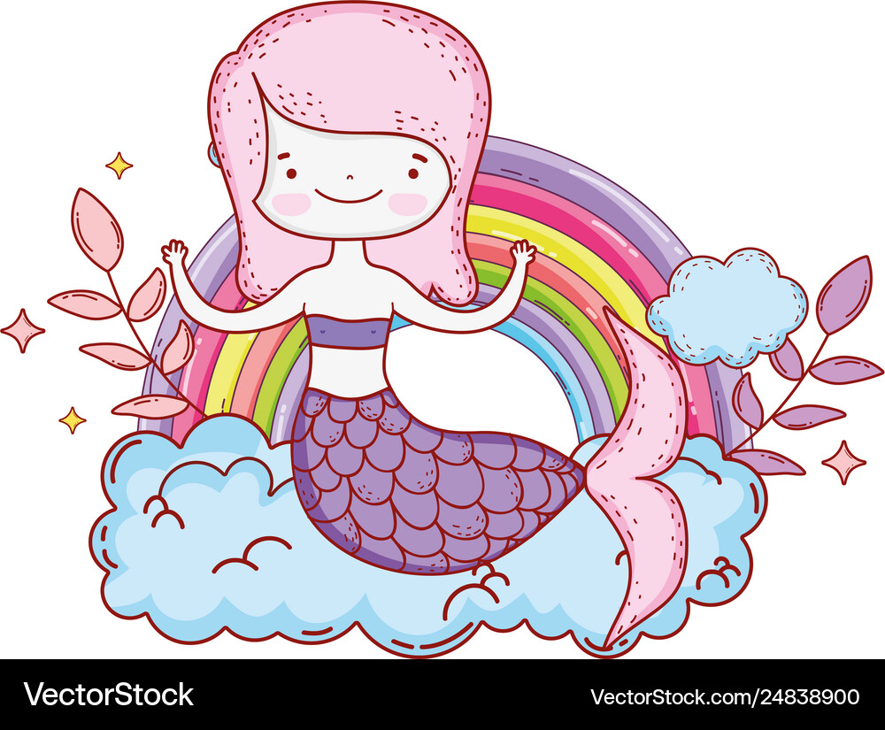 Cute mermaid with clouds and rainbow Royalty Free Vector