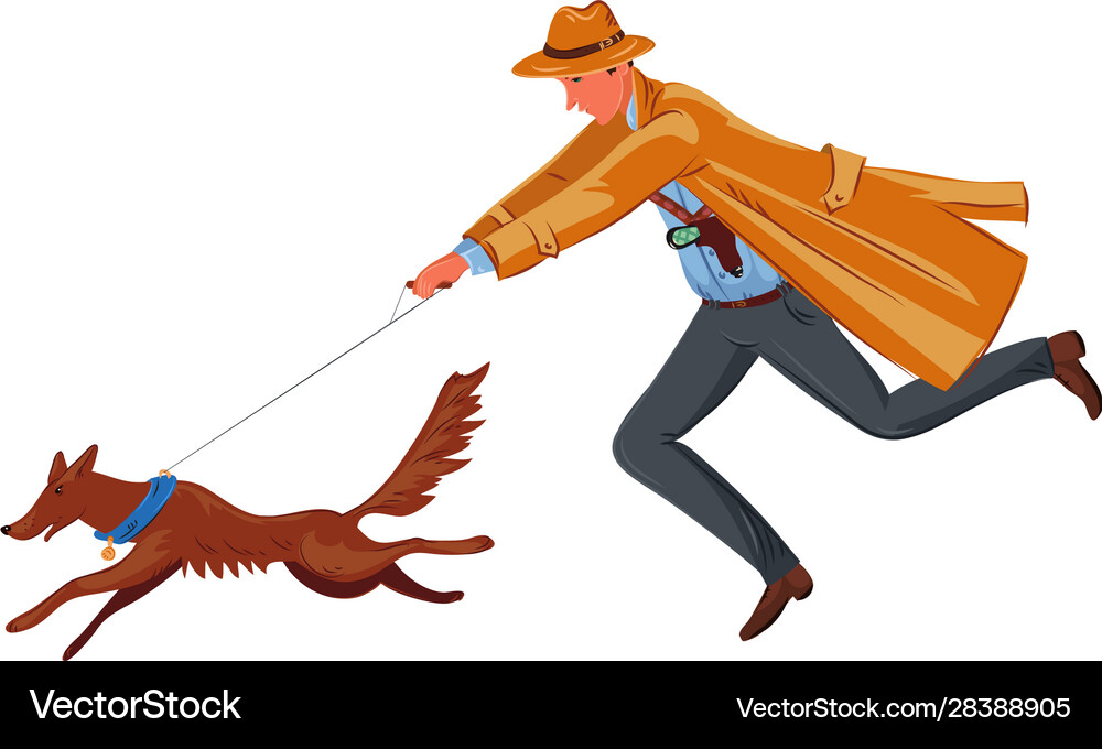 A detective running with tracker dog hunting Vector Image