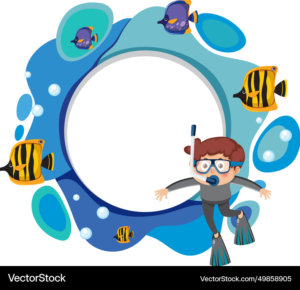 Boy snorkeling among colorful fish and bubbles Vector Image