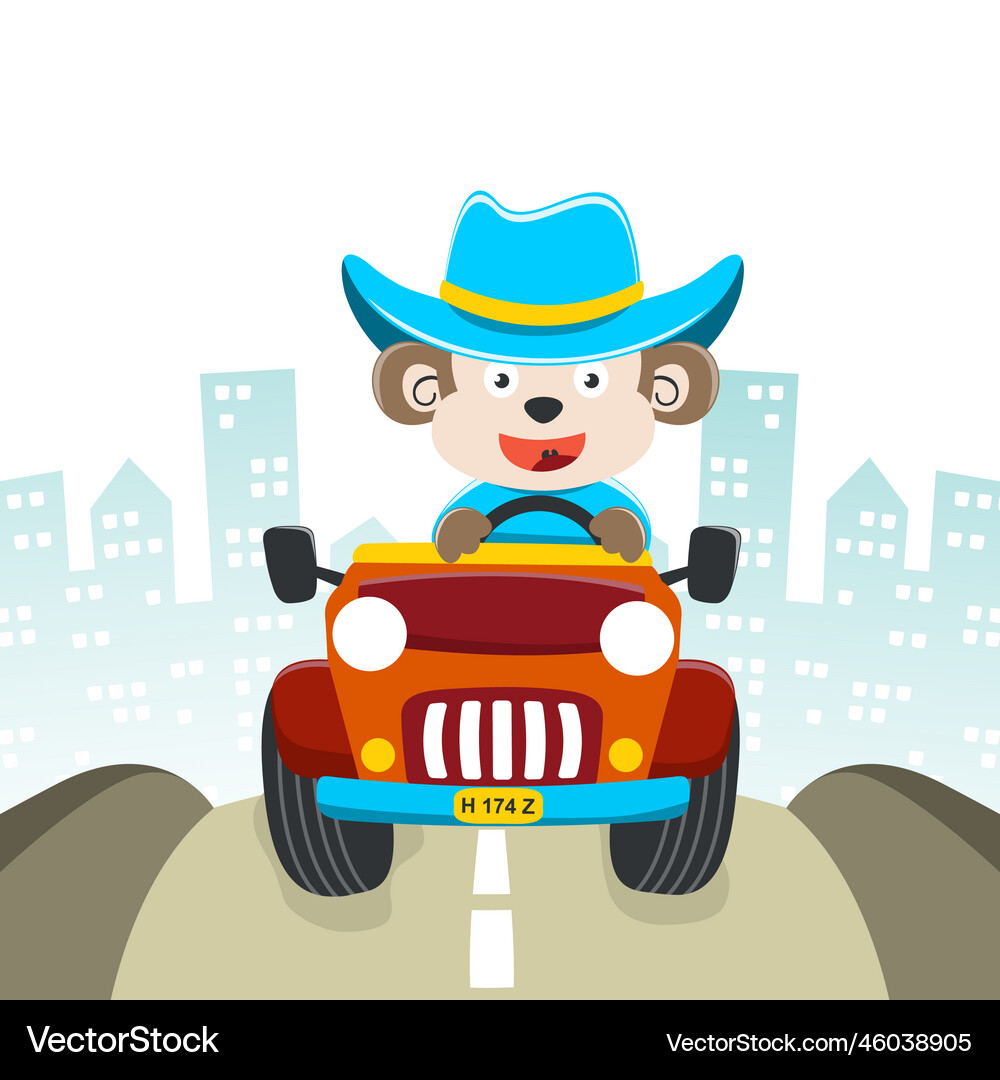 Cute monkey cartoon having fun driving off road Vector Image