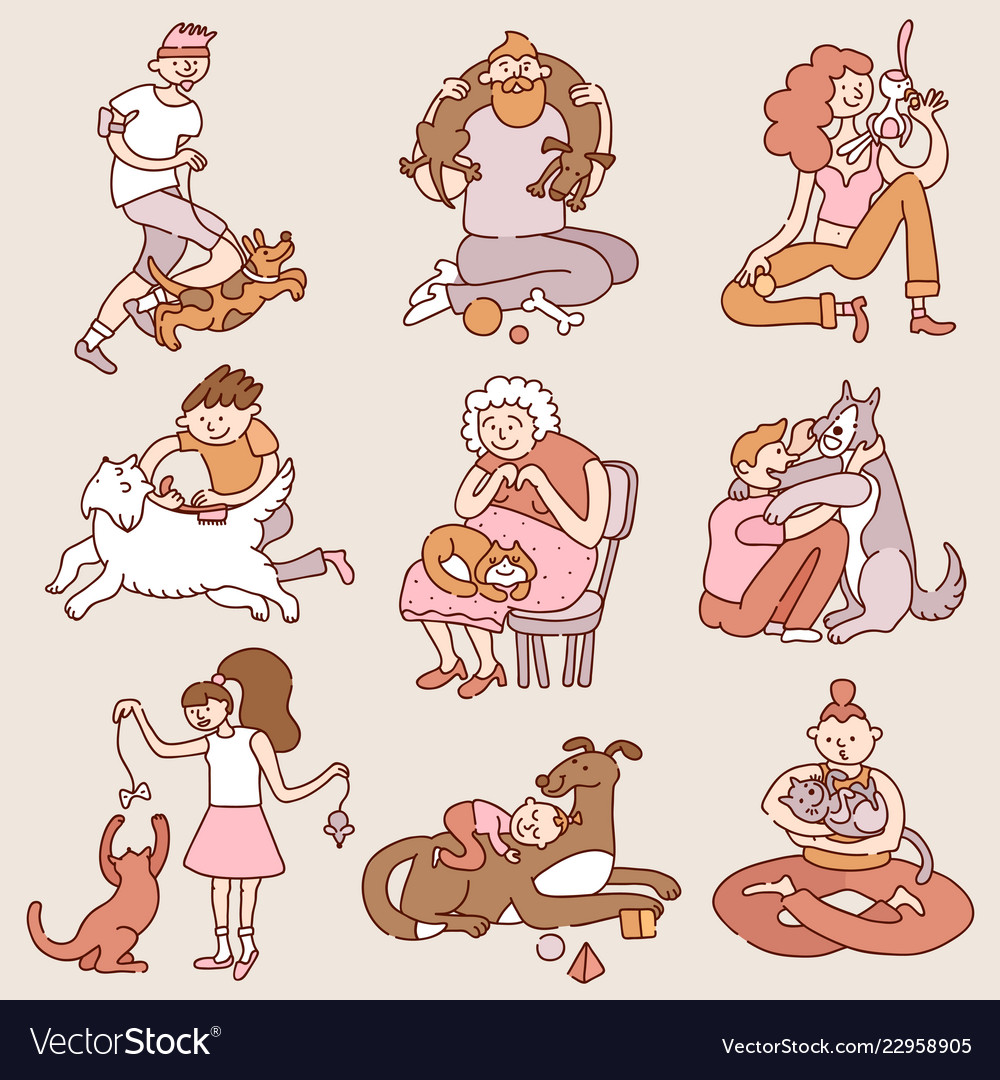 People pets interaction set Royalty Free Vector Image