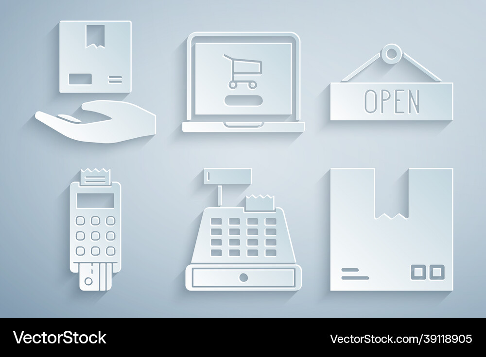 Set cash register machine hanging sign with open Vector Image