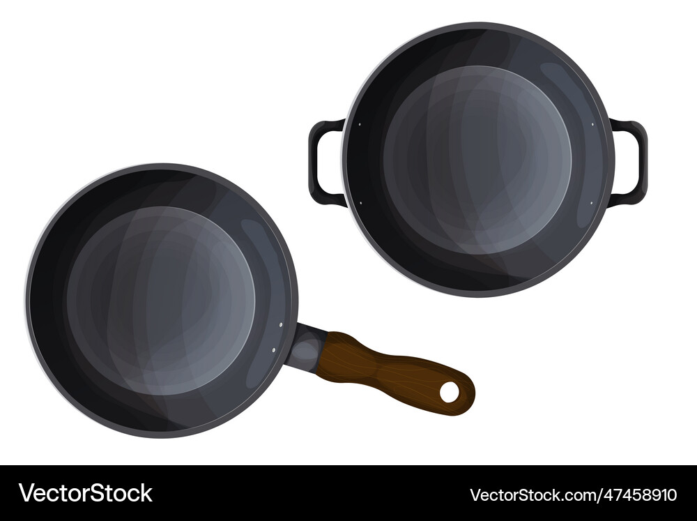 Set frying pan top view kitchen cookware equipment