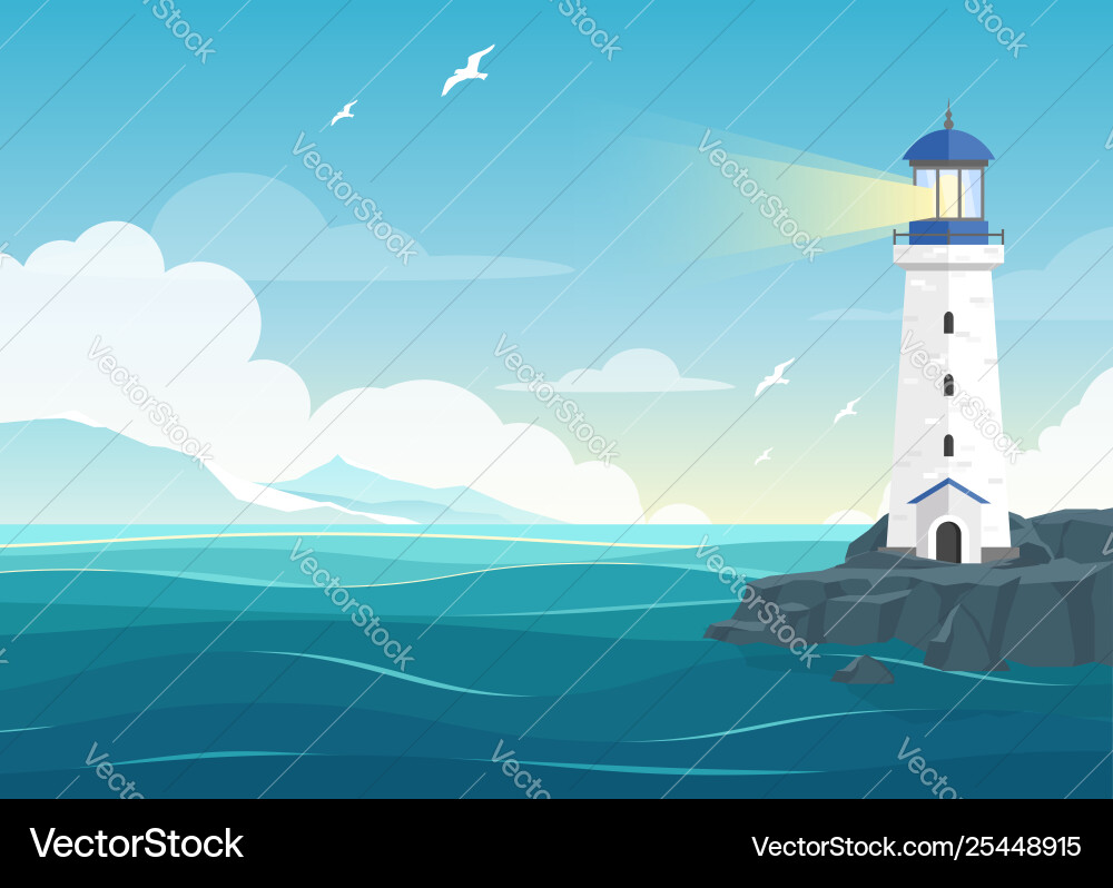 Blue sea background with lighthouse and mountains Vector Image