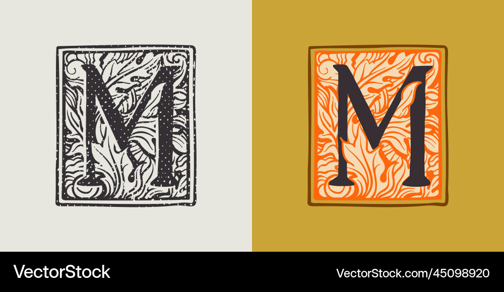 M letter drop cap logo in engraved medieval style Vector Image