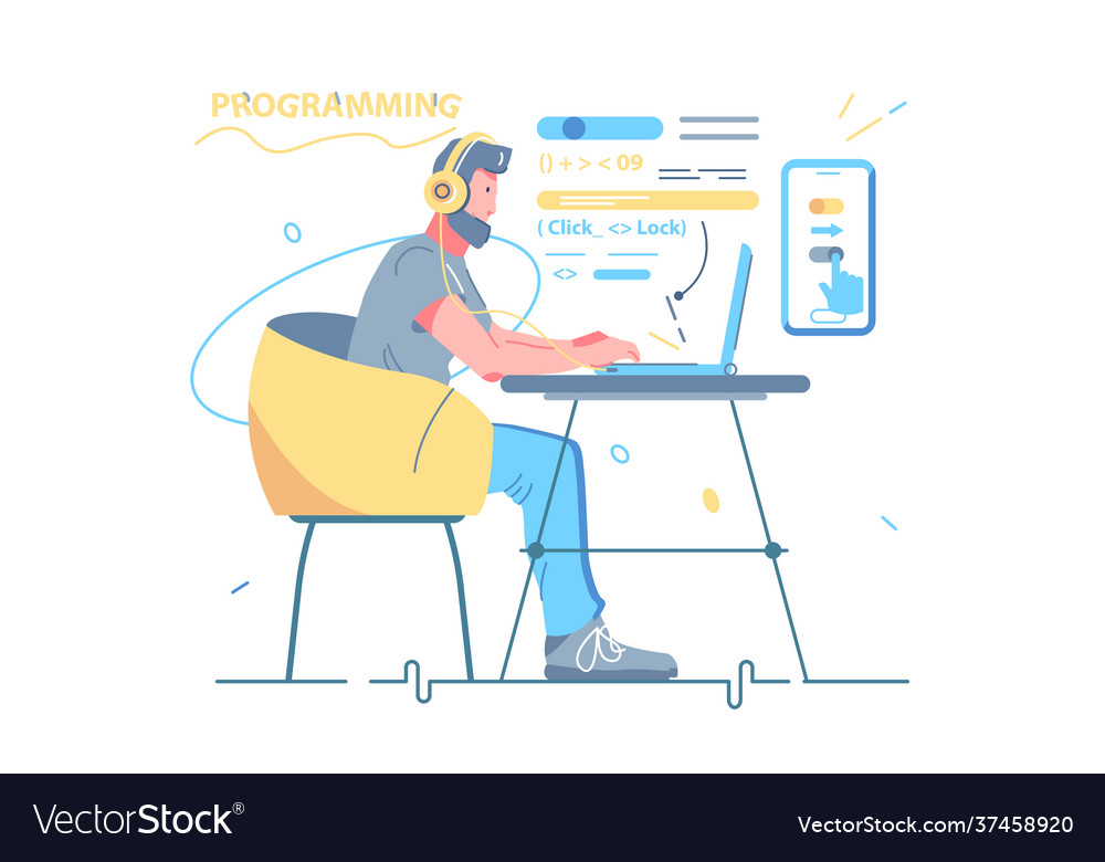 Man Developer Coding And Chatting Laptop Vector Image 0804
