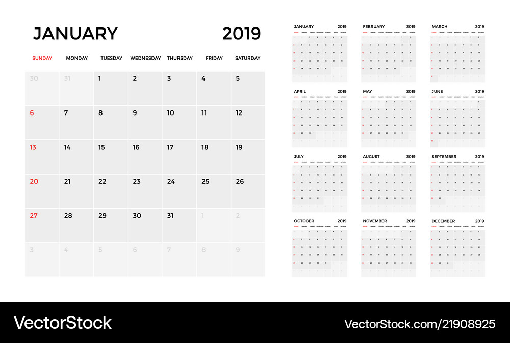 Calendar 2019 template planning week Royalty Free Vector