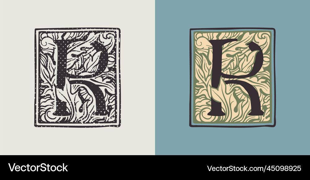 R letter drop cap logo in engraved medieval style Vector Image