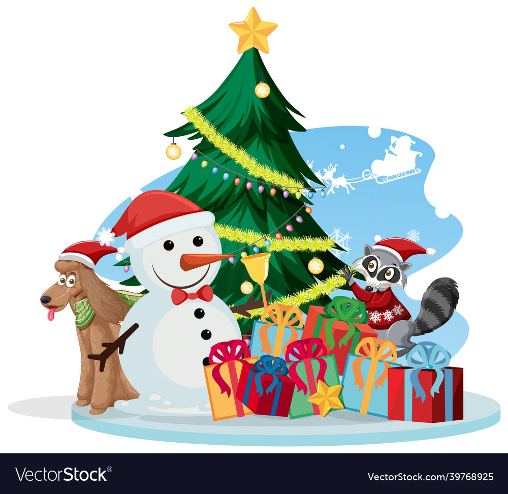 Santa claus with snowman and christmas tree Vector Image