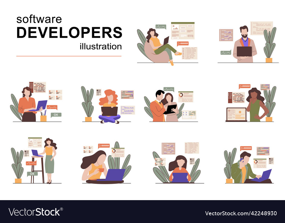Software developers concept with people scenes set