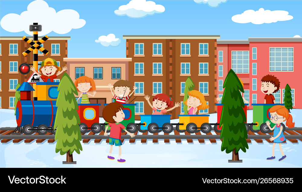 Active kids playing in outdoor scene Royalty Free Vector