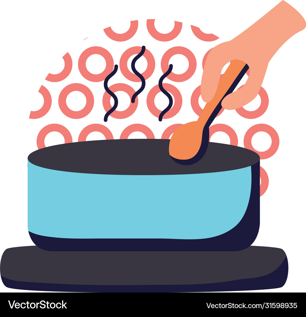 Hand with spoon and pot flat style icon Royalty Free Vector