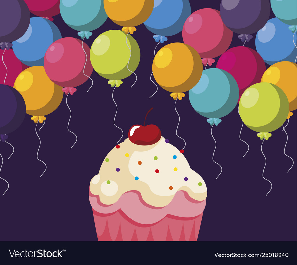 Sweet cupcake birthday with balloons helium frame Vector Image
