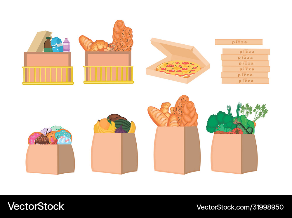Boxes with grocery kit and bakery products Vector Image