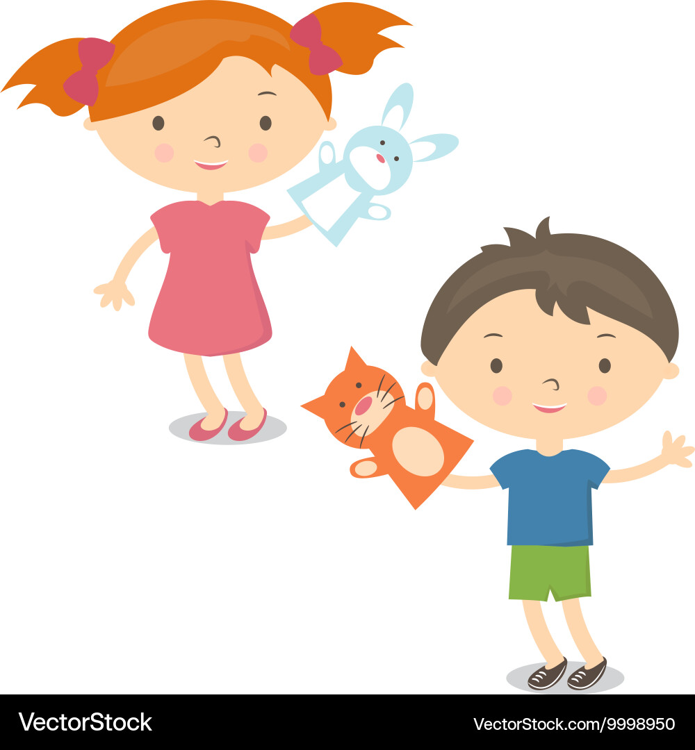 Small kids with hand puppet toy Royalty Free Vector Image