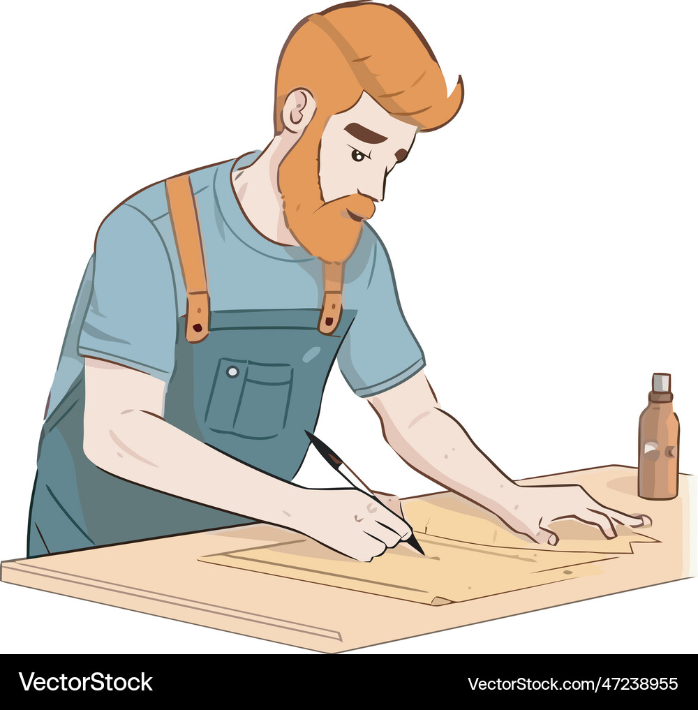 Caucasian carpenter holding pencil character Vector Image