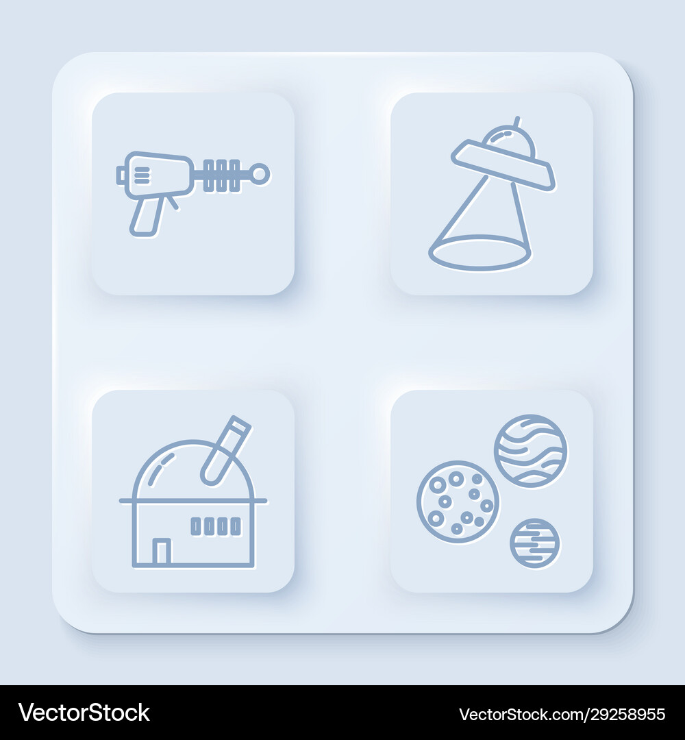 Set line ray gun ufo flying spaceship Royalty Free Vector