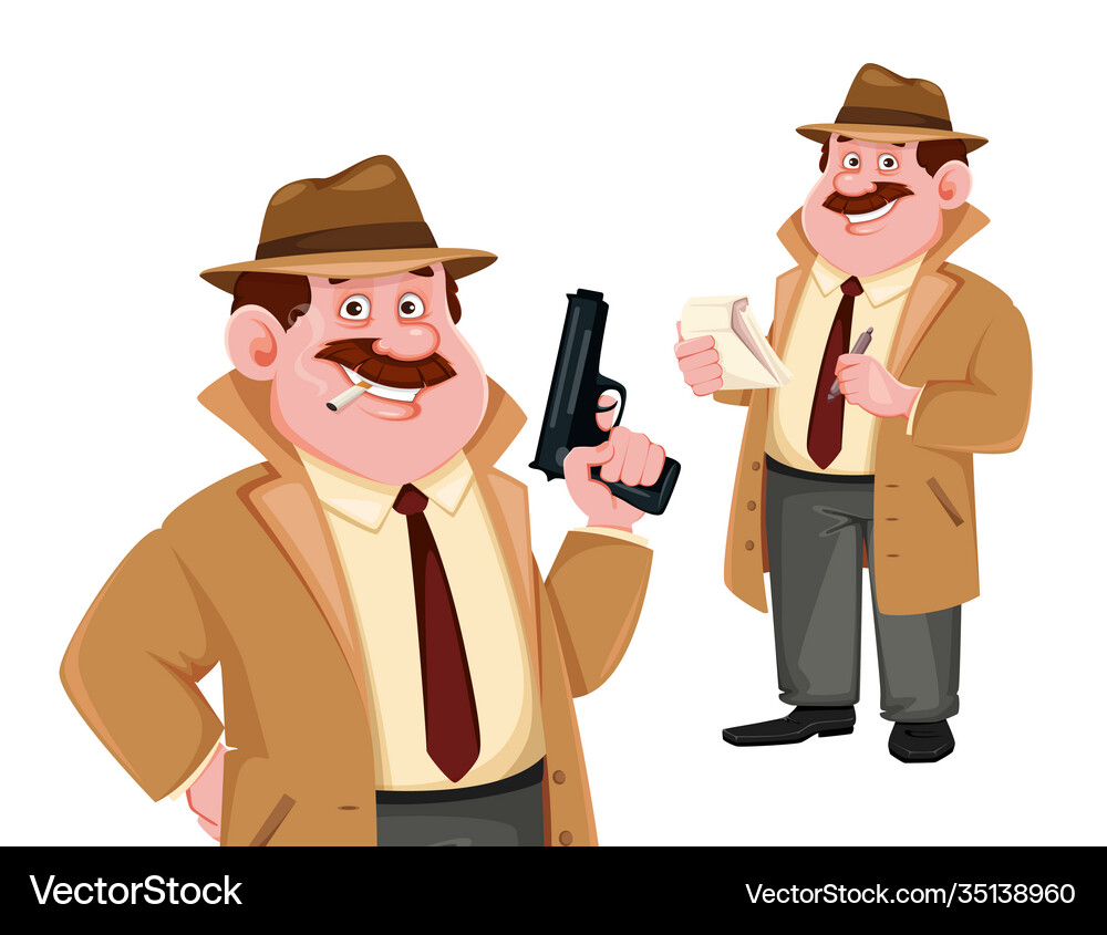 Detective cartoon character set two poses Vector Image