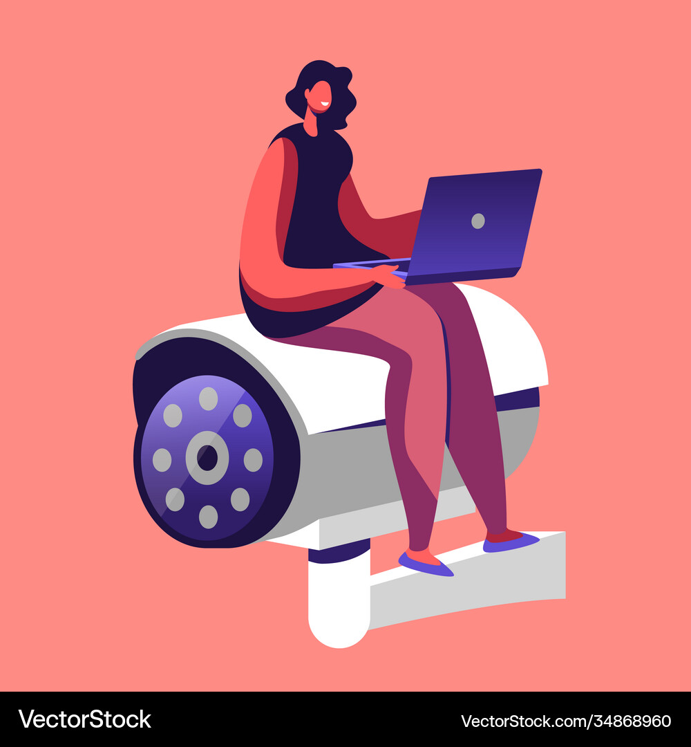 Tiny female character with laptop in hands sit at Vector Image