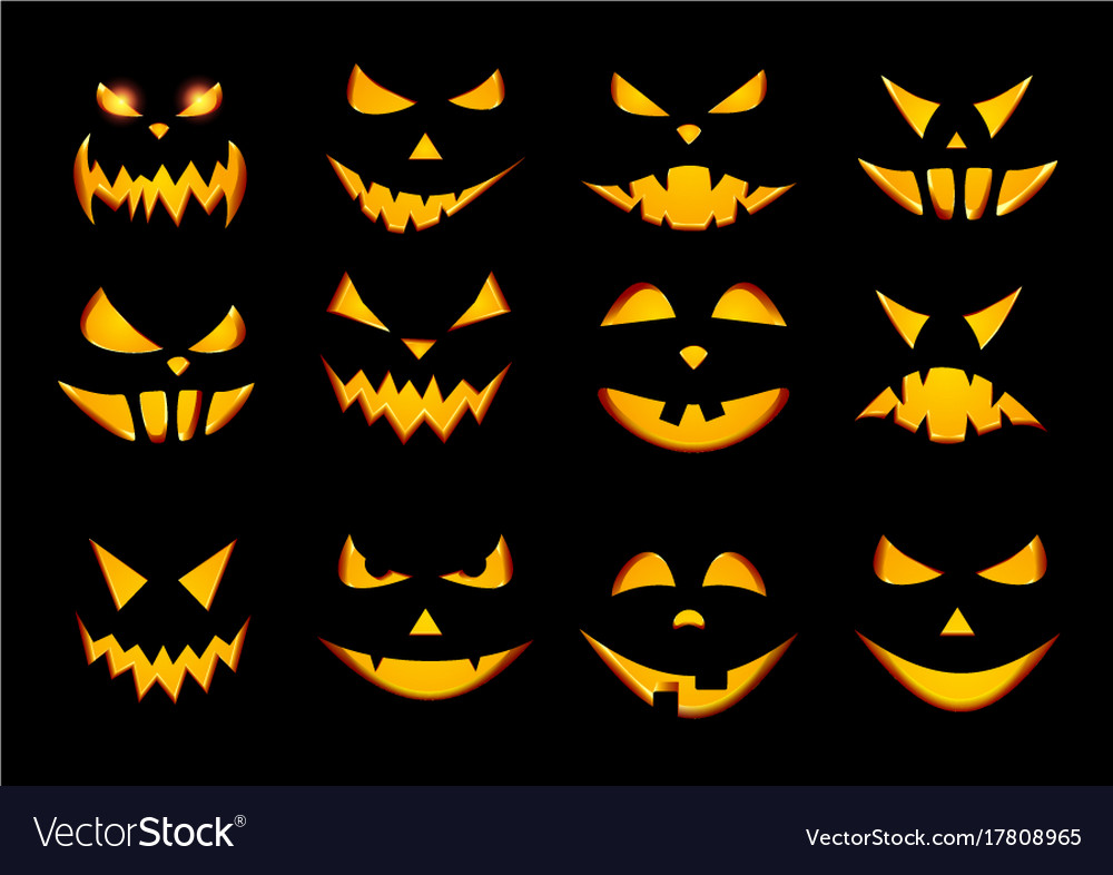  Halloween Pumpkin Face Patterns On Black Vector Image