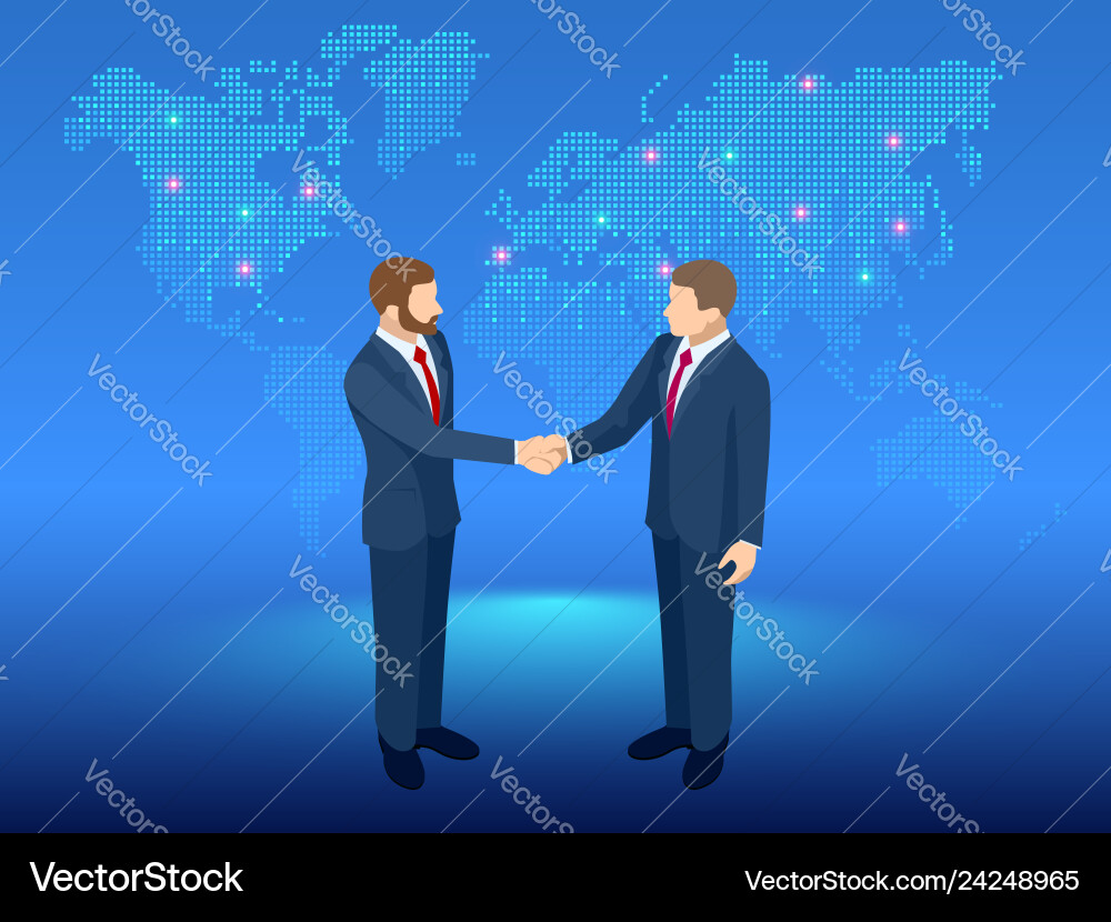 Isometric global cooperation businessmen shaking Vector Image