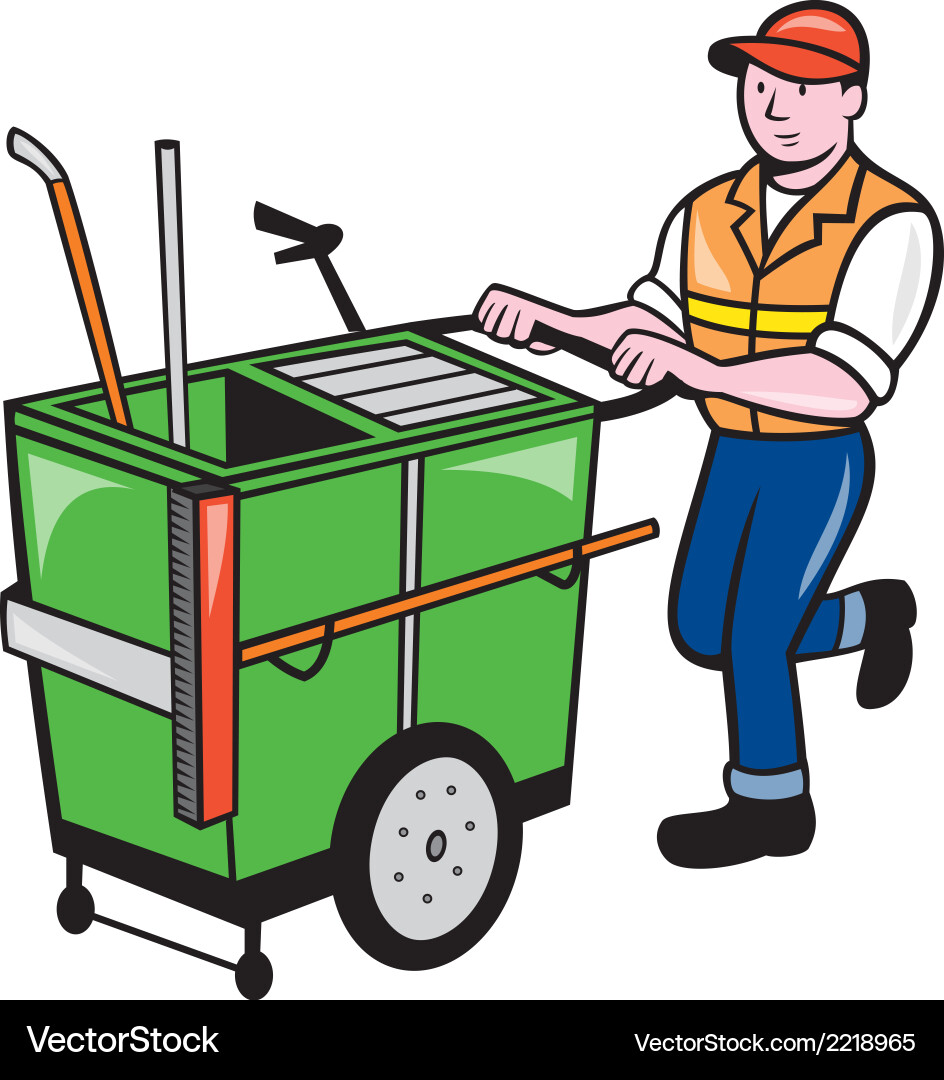 Streeet cleaner pushing trolley cartoon isolated Vector Image