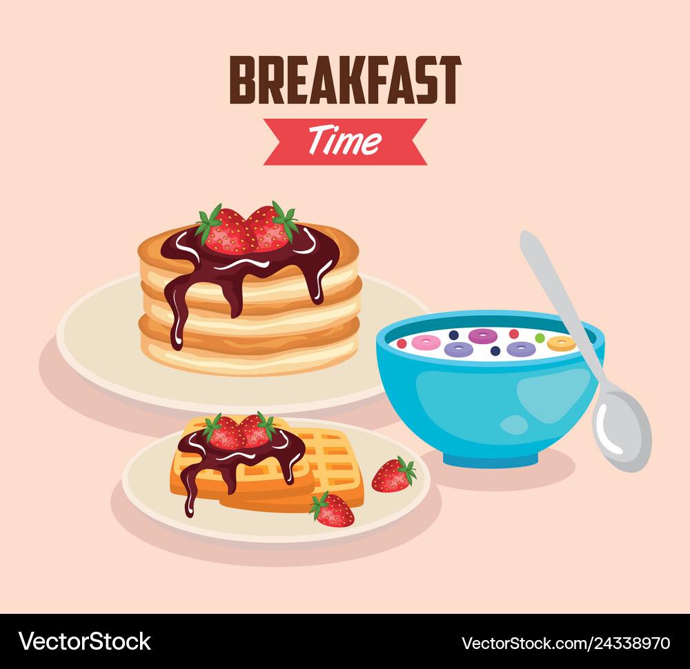 Delicious cereal with pancakes and waffles Vector Image