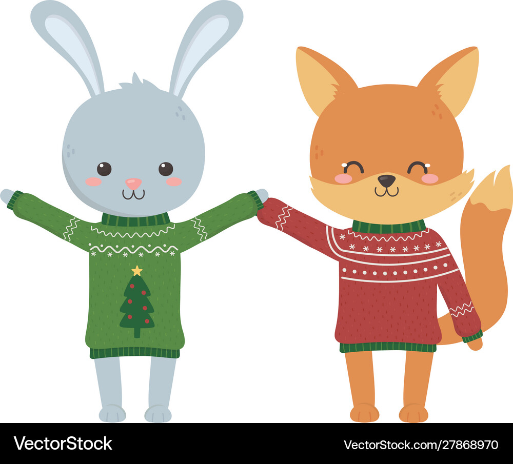 Merry christmas celebration cute rabbit and fox Vector Image