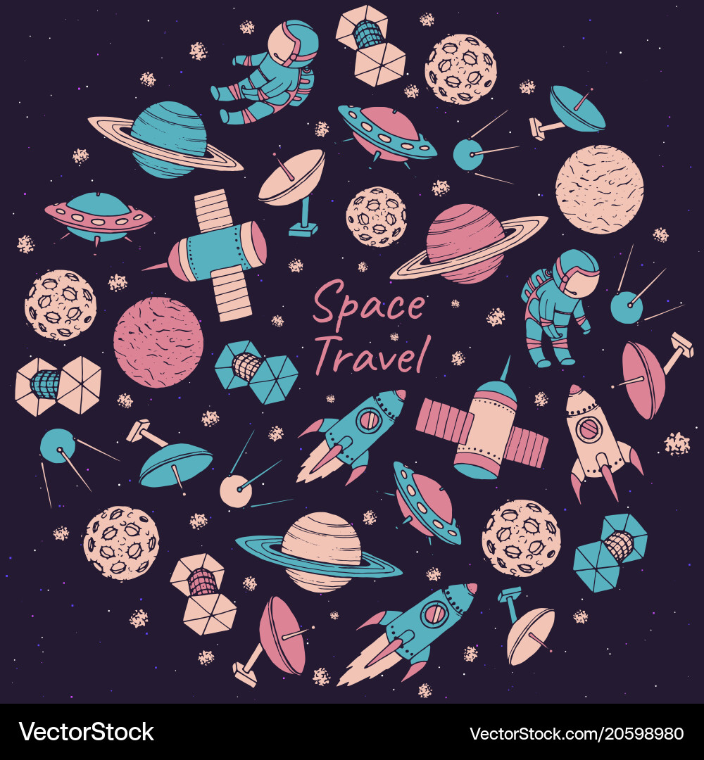 Hand drawn space travel poster with cosmonauts Vector Image