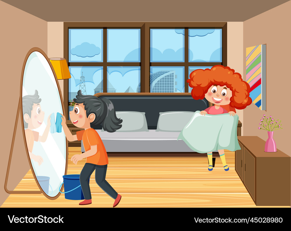 Kids cleaning room together Royalty Free Vector Image