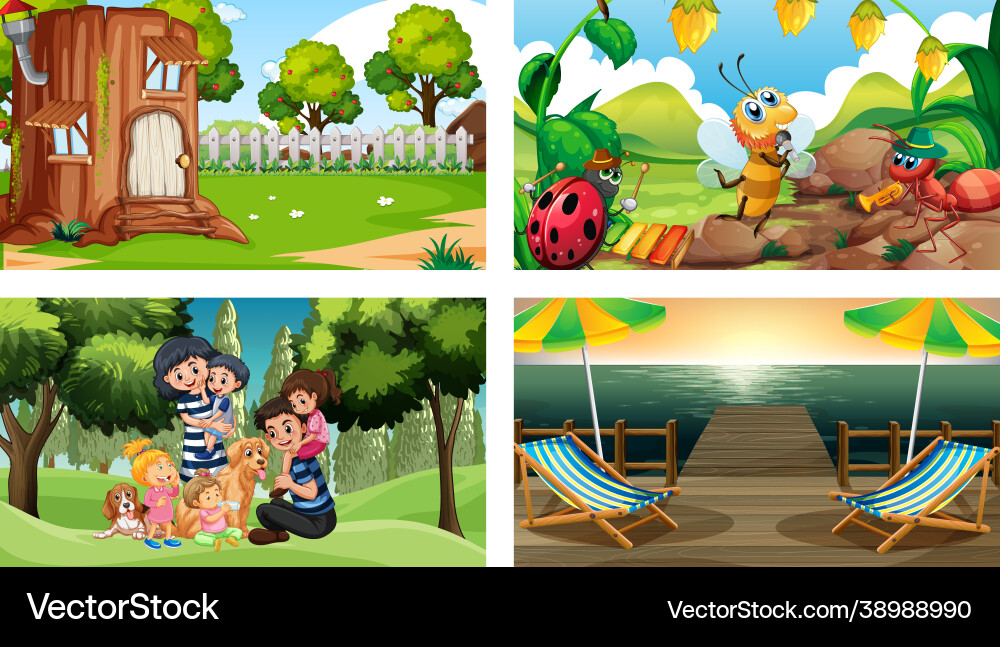 Four different scenes with children cartoon Vector Image