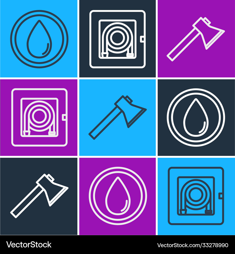 Set line water drop firefighter axe and fire hose Vector Image