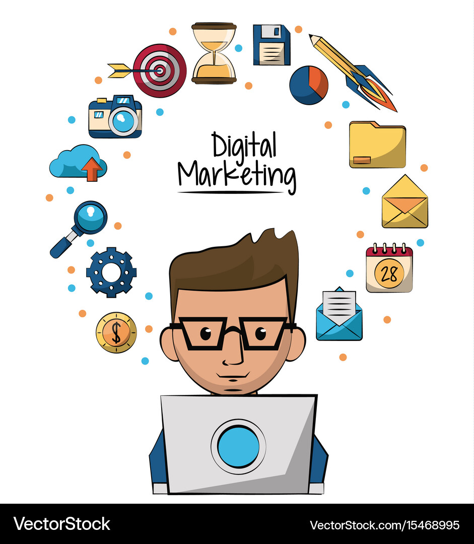 Poster digital marketing with man working in Vector Image