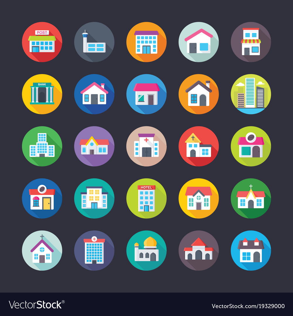 Buildings flat icons pack Royalty Free Vector Image Buildings flat icons pack Royalty Free Vector Image
