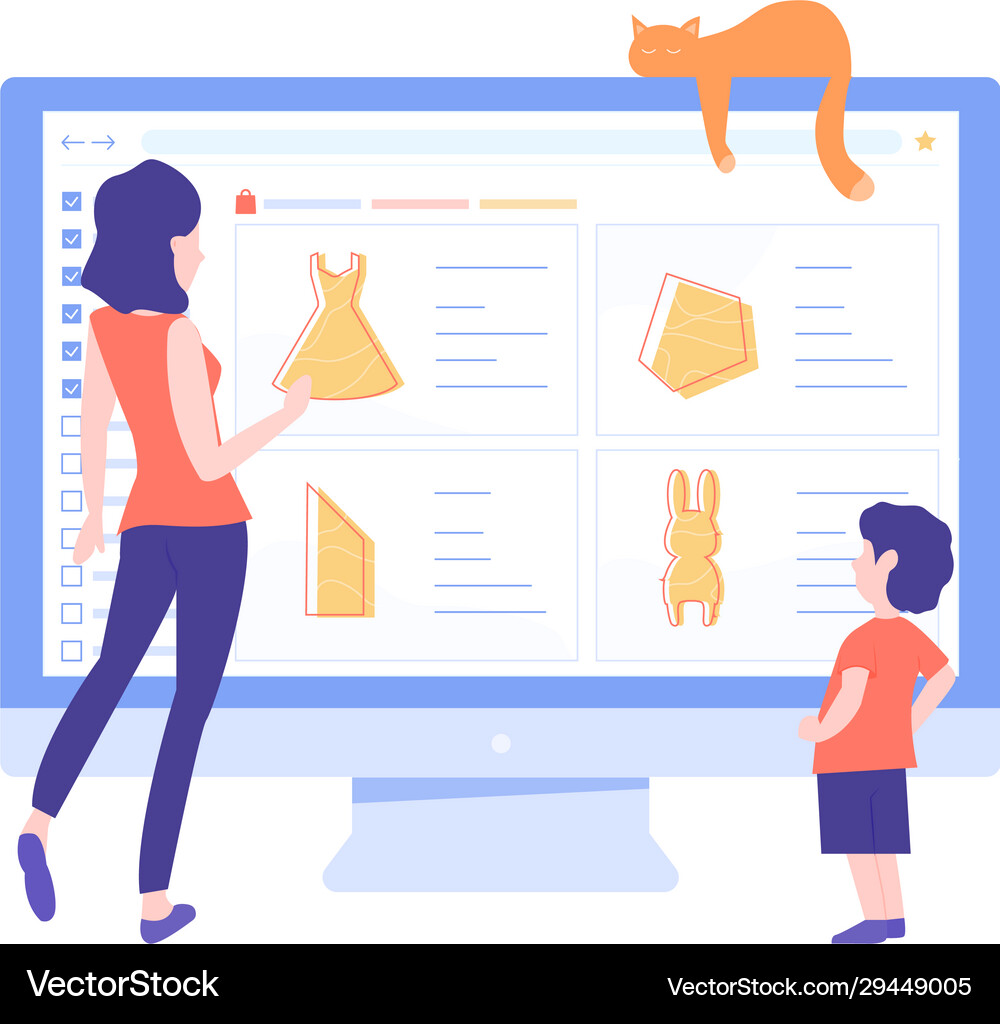 Mom and son are standing in front computer Vector Image