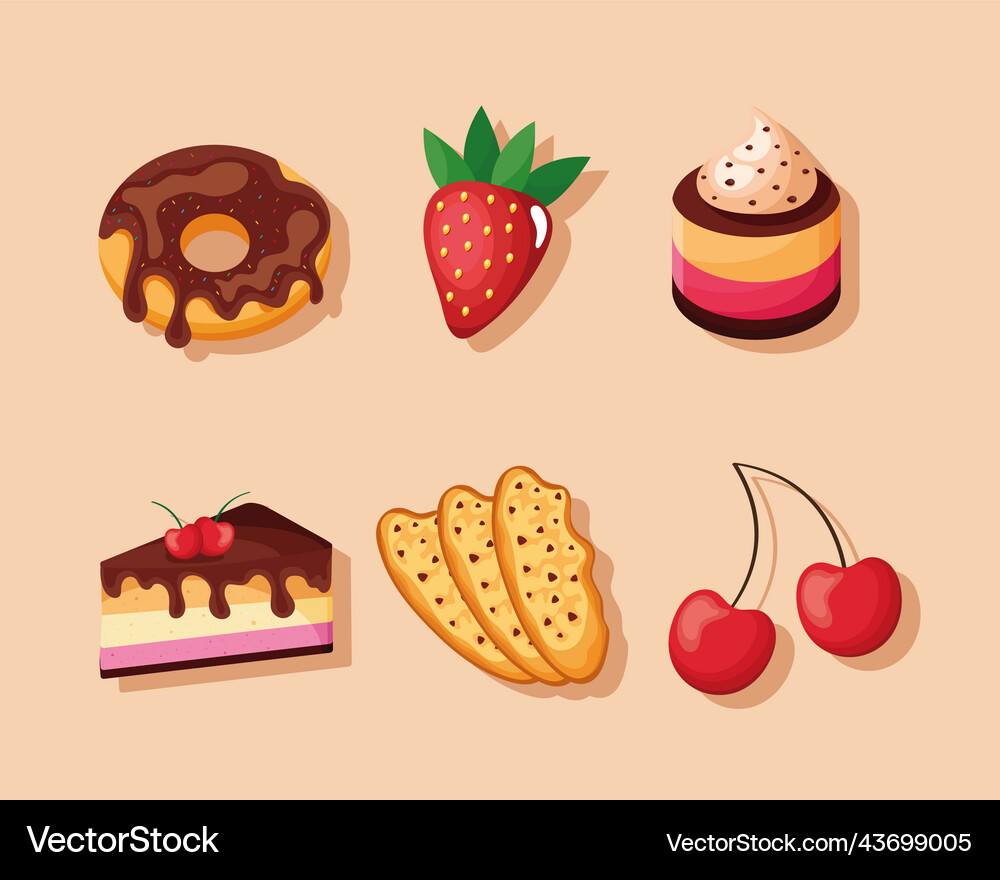 Six desserts products icons Royalty Free Vector Image