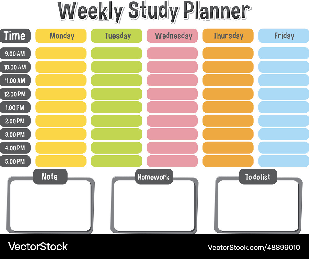 Colorful weekly study planner template Royalty Free Vector